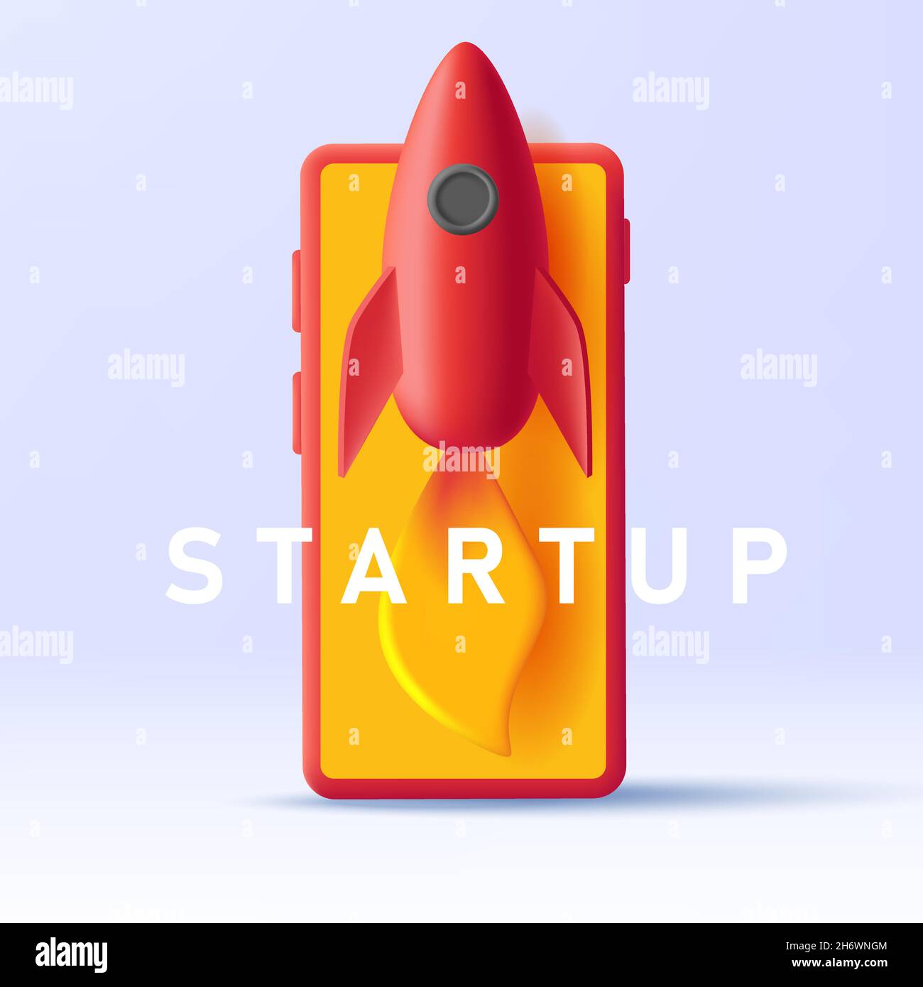 3d illustration for startup launch banner with smartphone and rocket ...