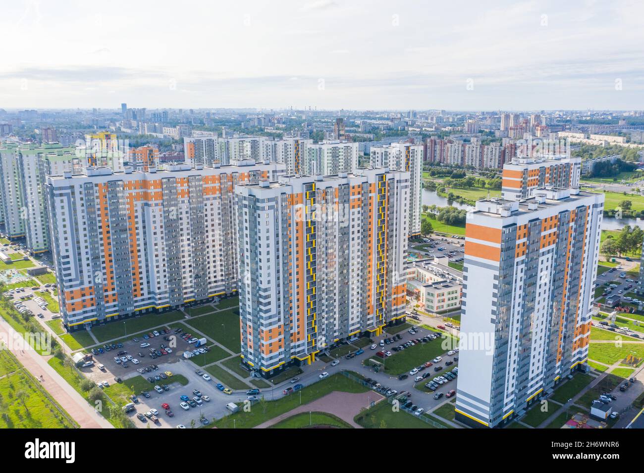 Aerial drone view city skyline panorama, density living suburbia. High ...