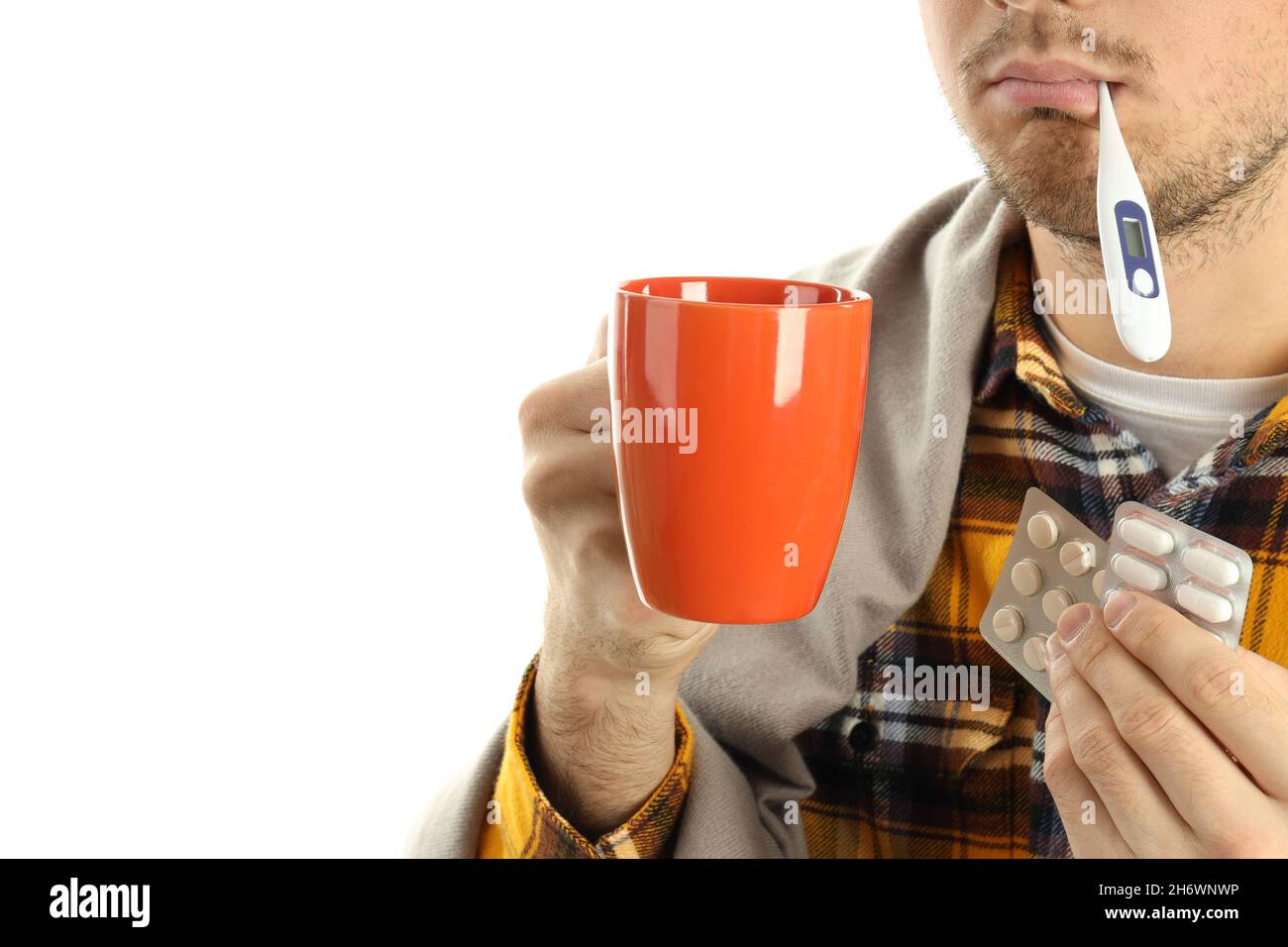 Ill young man isolated on white background Stock Photo - Alamy