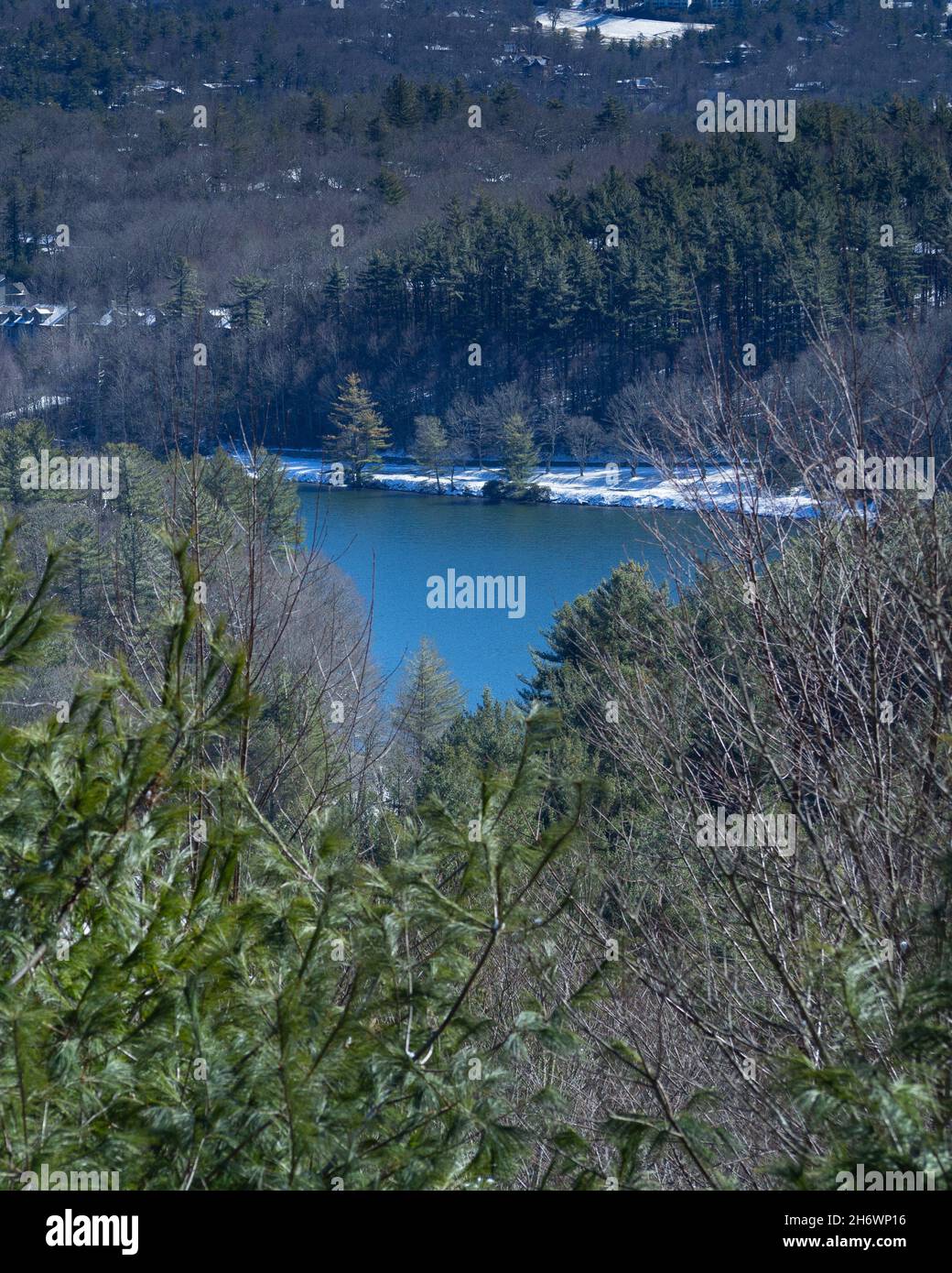 Beautiful view of a blue lake crawling behind deciduous trees on a cool ...