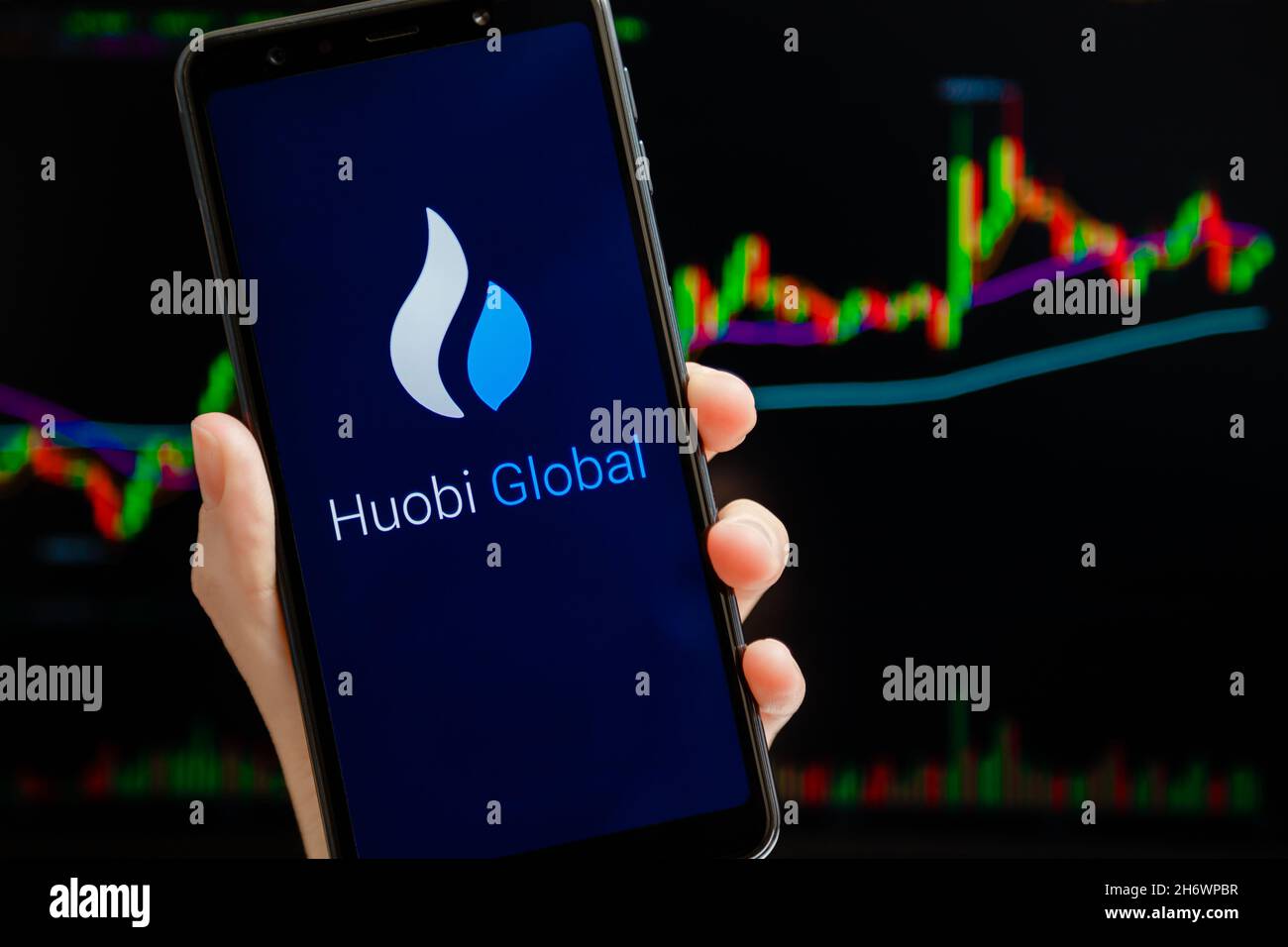 Ukraine, Odessa - October, 9 2021: Huobi Global mobile app running at smartphone screen with ...