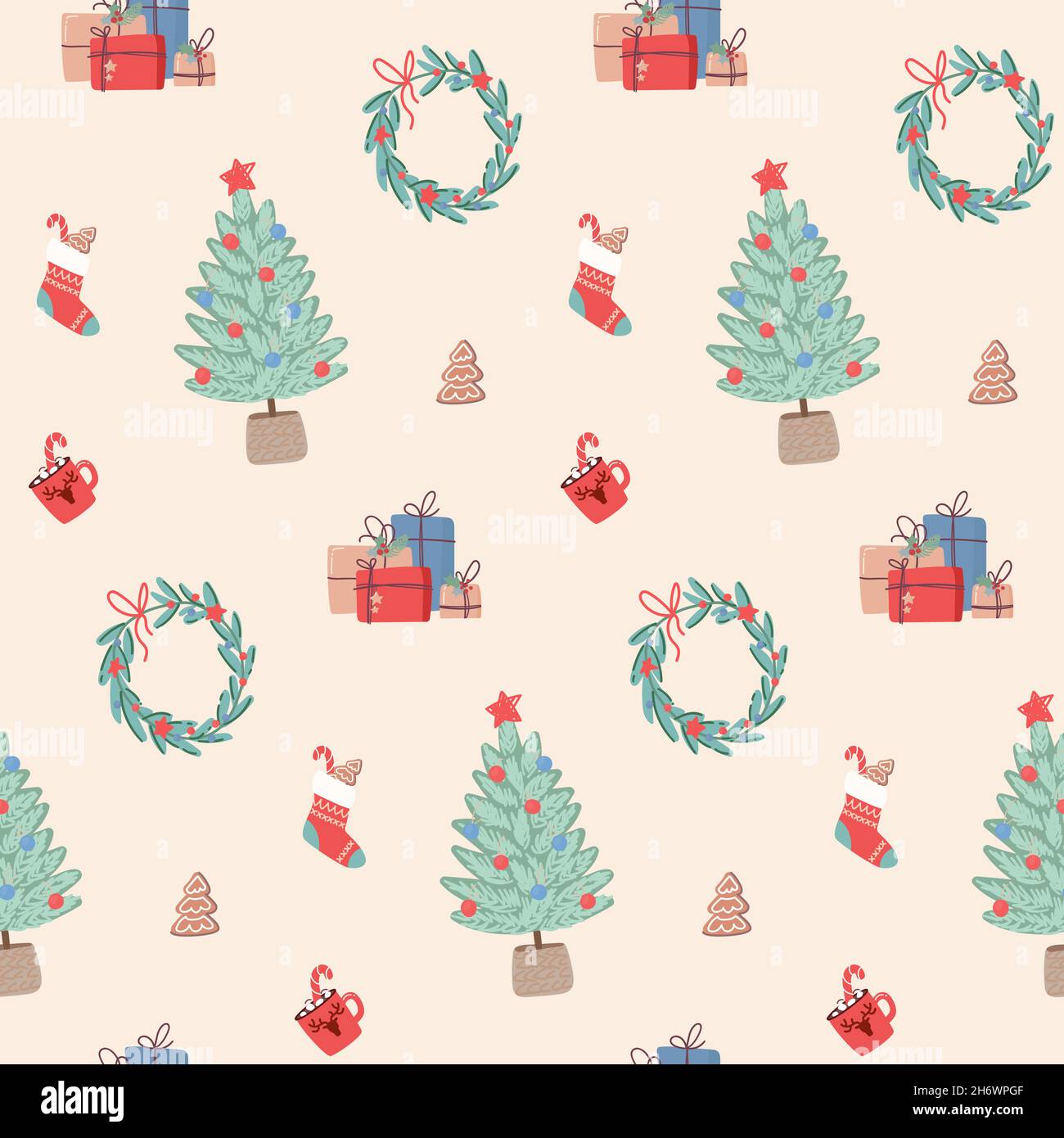 Christmas background with gifts, wreaths and gifts. Vector seamless ...