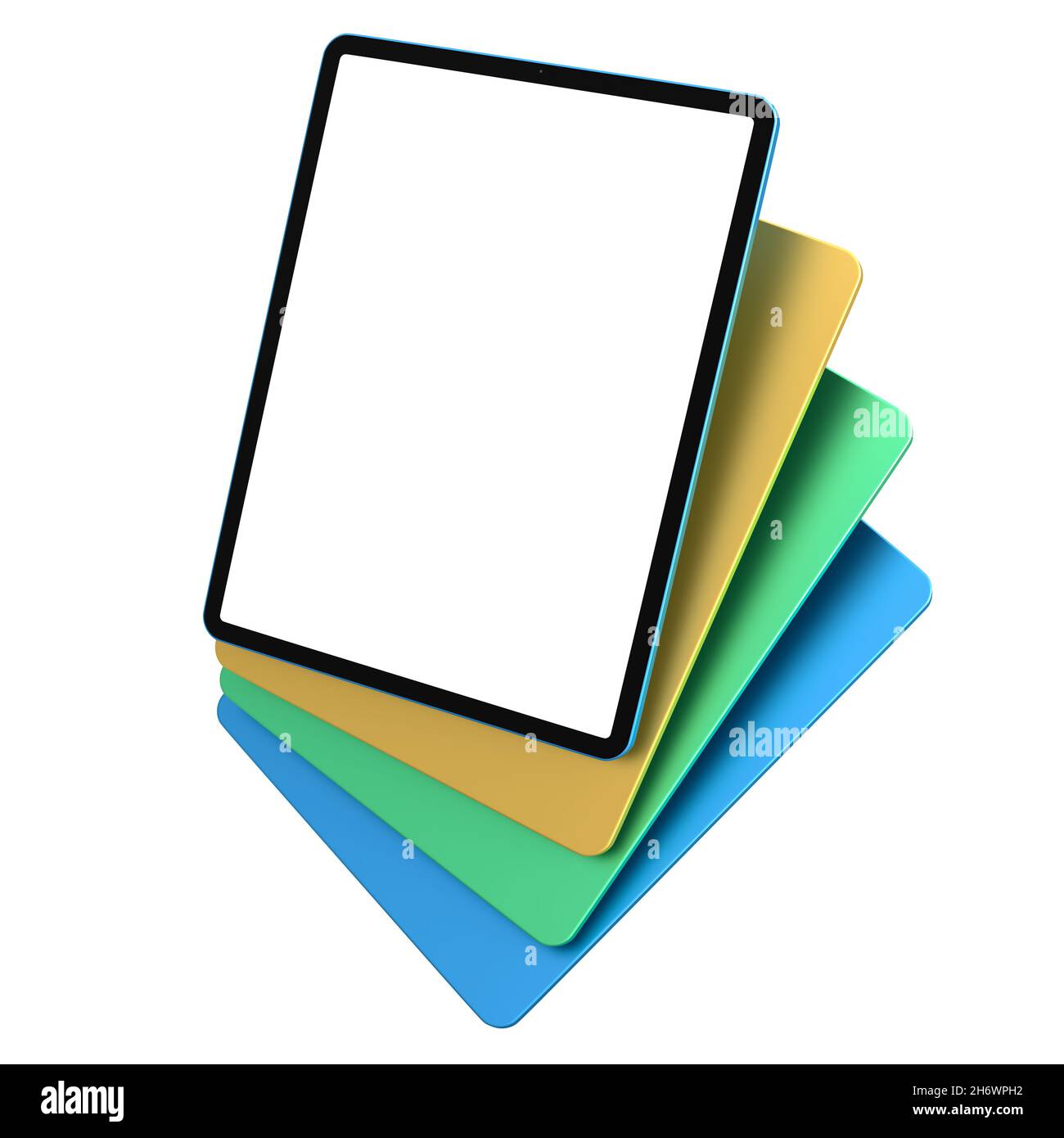 Set of computer tablets with cover case and blank screen isolated on ...