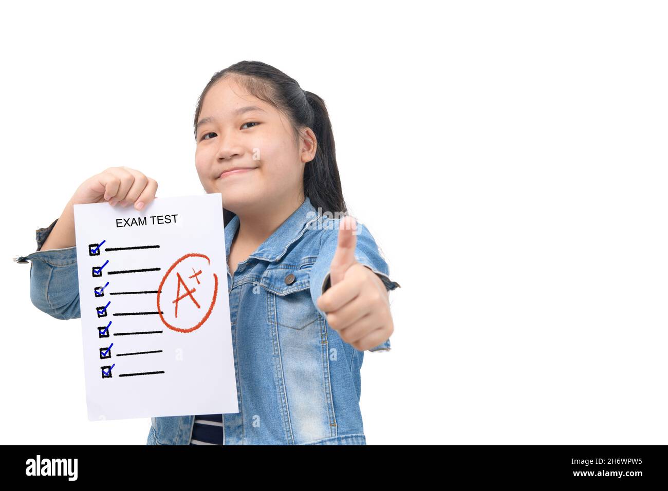 cute smart girl student showing perfect grade test ressults isolated on ...