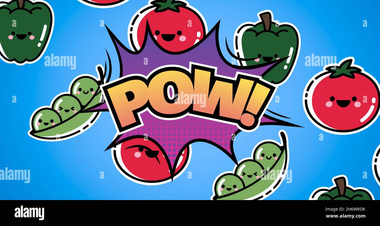Image of illustration with pow text over vegetables with smiling faces ...