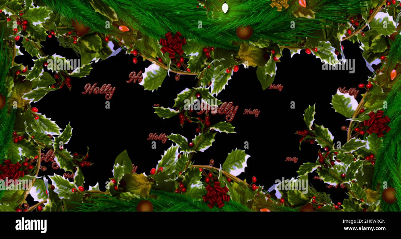 Image of holly text in repetition at christmas and wreath on black ...