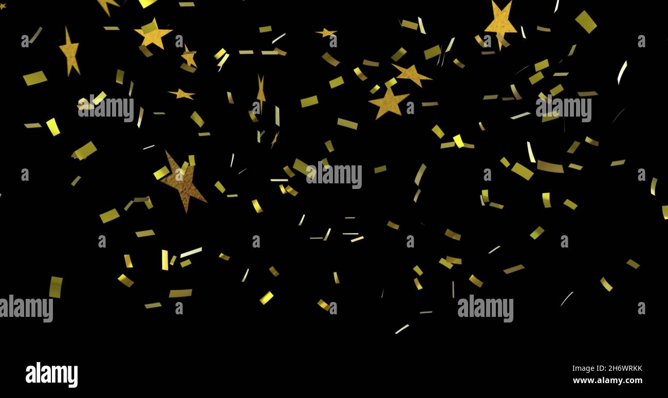 Image of stars floating over confetti on black background. new year's ...
