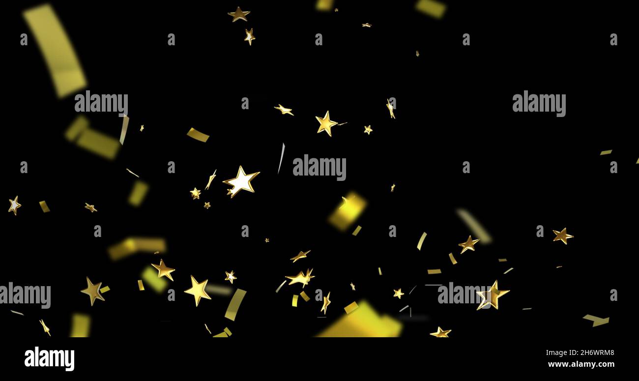 Image of stars floating over confetti on black background. new year's ...