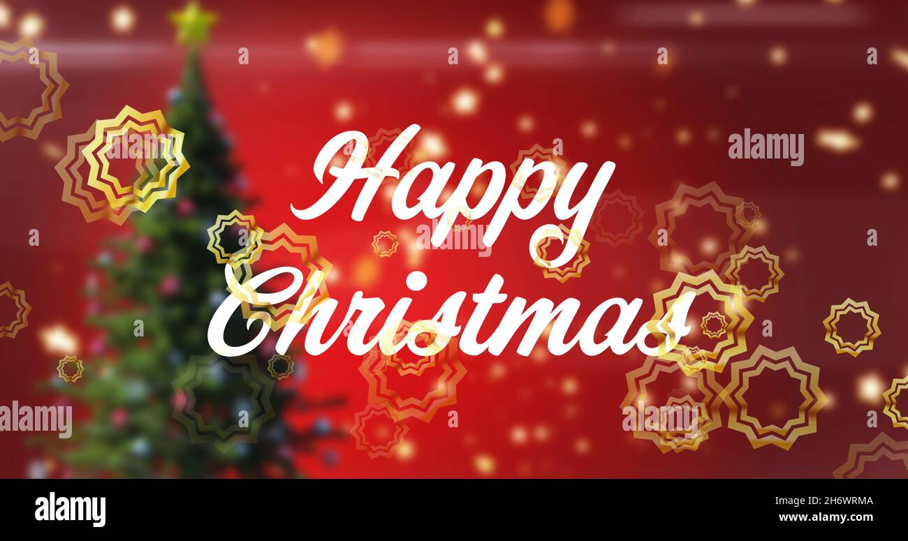 Image of happy christmas text in white, with gold stars over christmas ...