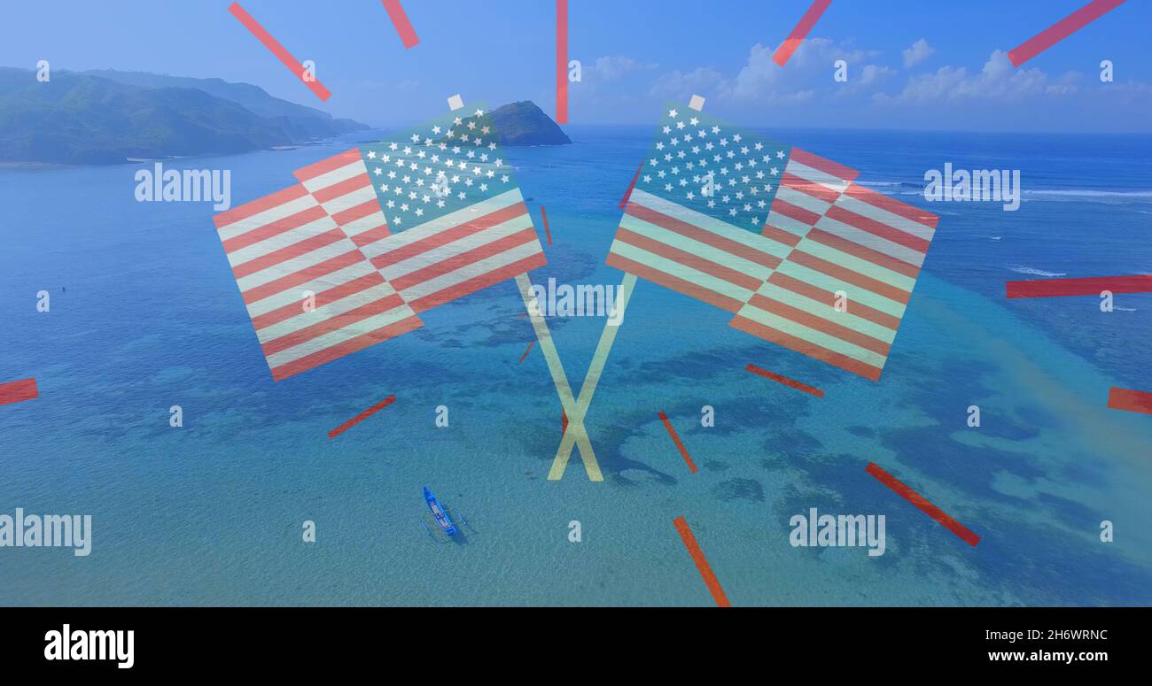 Image of two crossed flags of america and red stripes over sunny beach ...