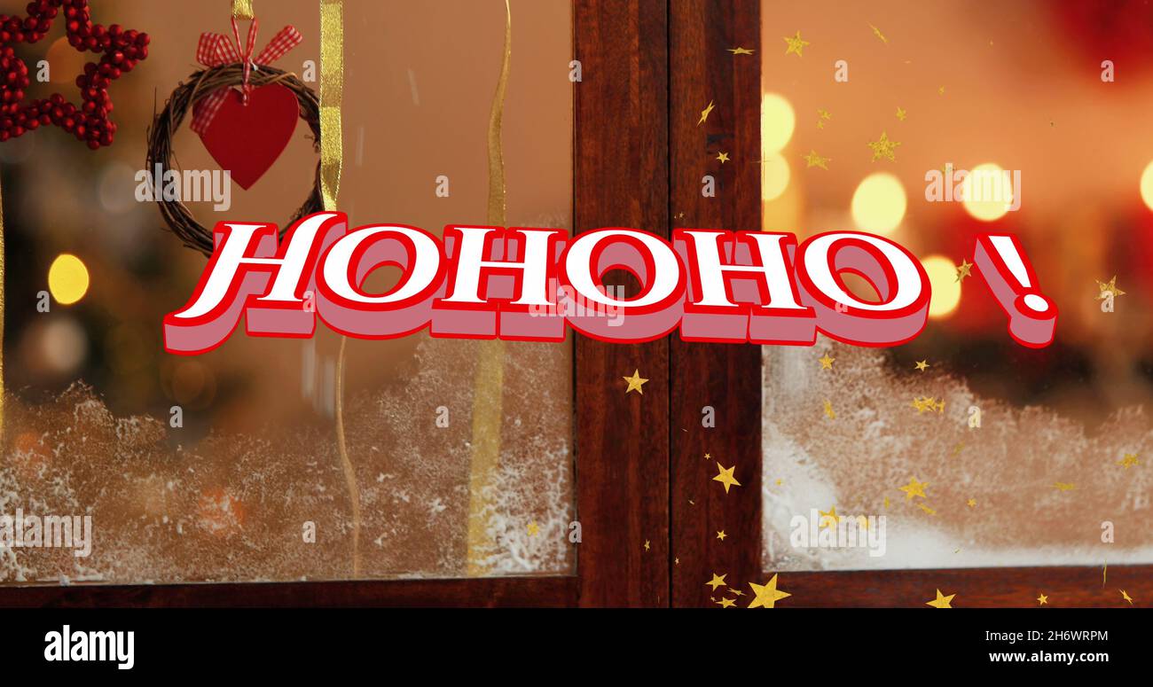 Image of hohoho text in red over falling snow and window with christmas ...