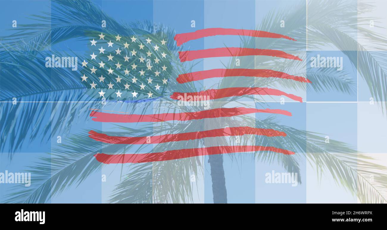 Image of flag of united states of america drawn over red, white and ...