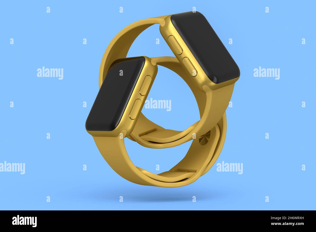 Set of gold smart watches with leather strap isolated on blue ...
