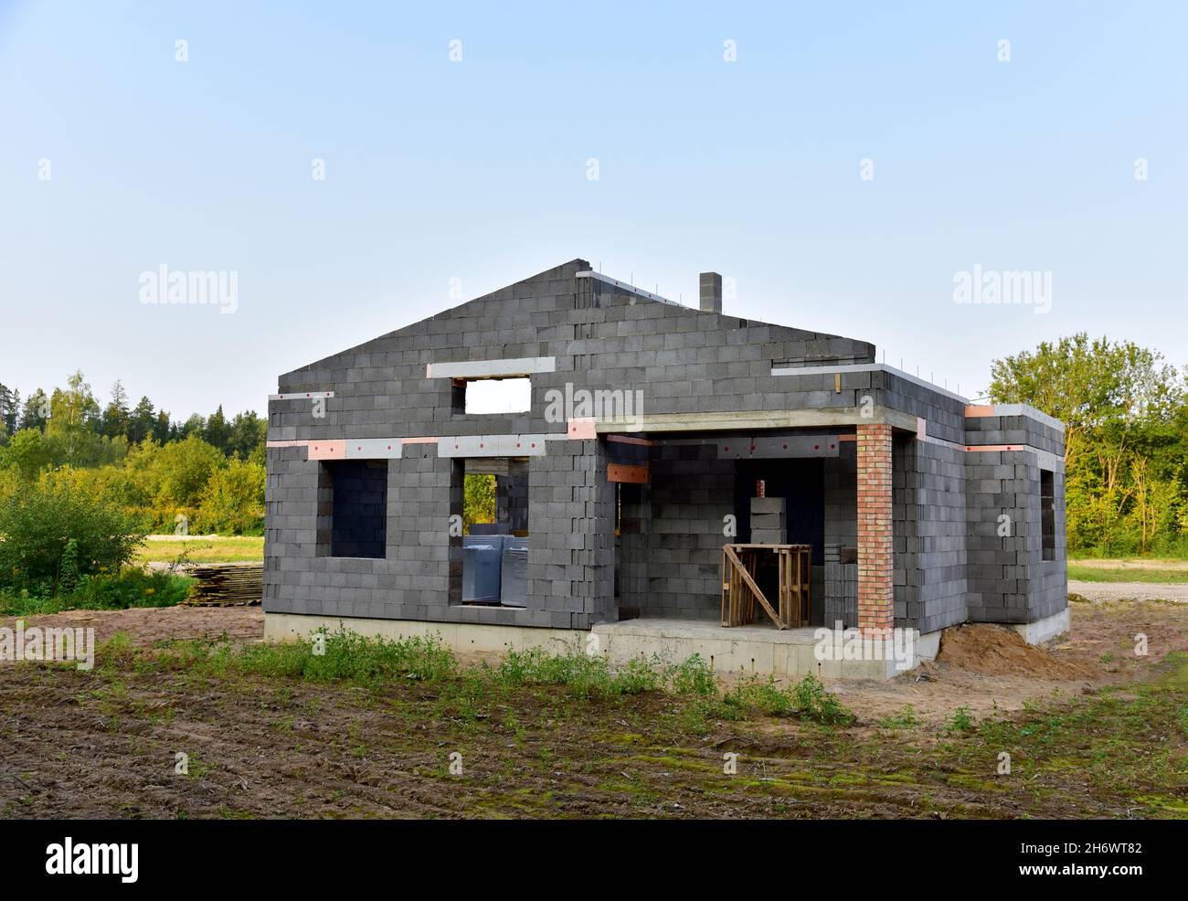 Building a house of expanded-clay concrete blocks. Unfinished private ...