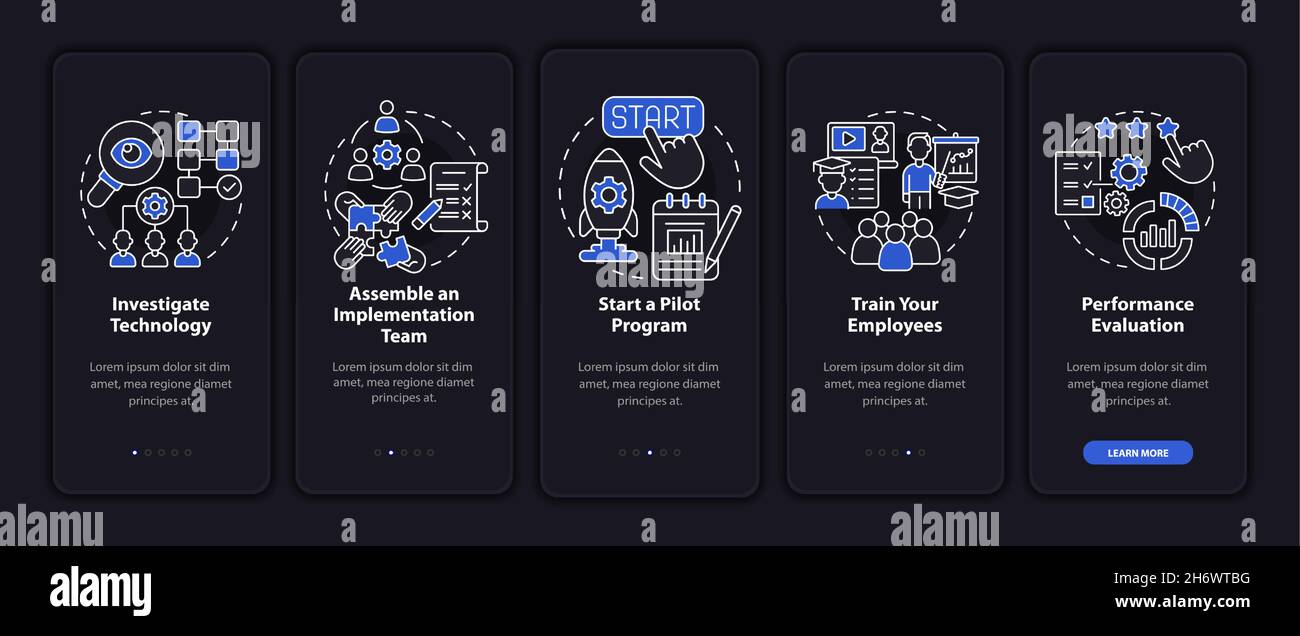 Technology execution steps onboarding mobile app page screen Stock ...