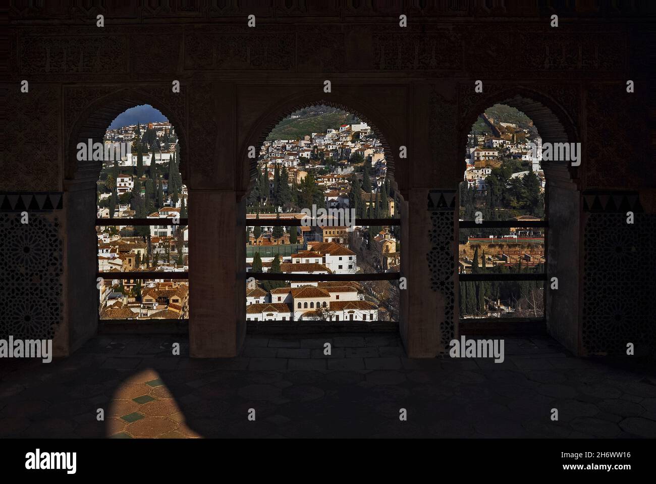 View through windows of the Torre de las Damas or Ladies' Tower of the ...