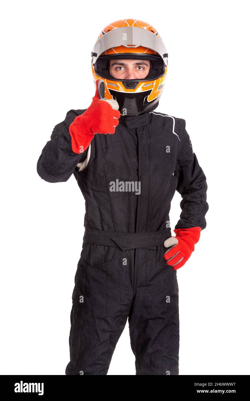 Racing driver posing with helmet isolated in white Stock Photo - Alamy