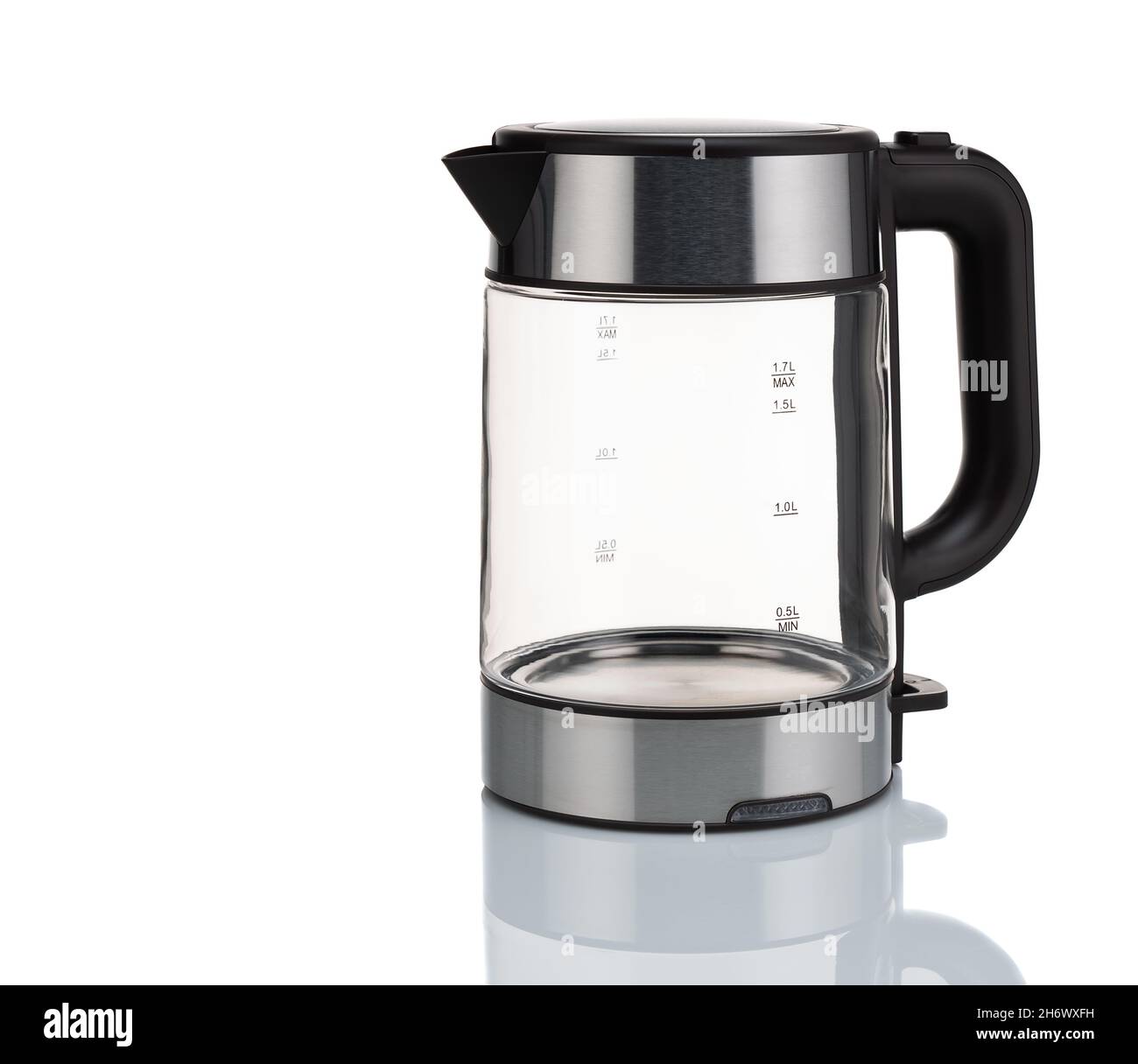 Glass, electric, modern transparent kettle on a white background. Close ...