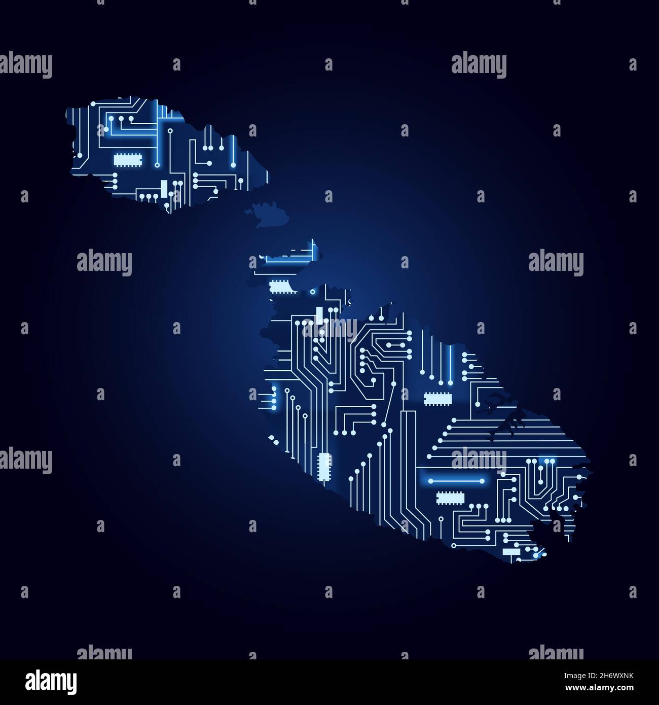 Contour map of Malta with a technological electronics circuit Stock ...