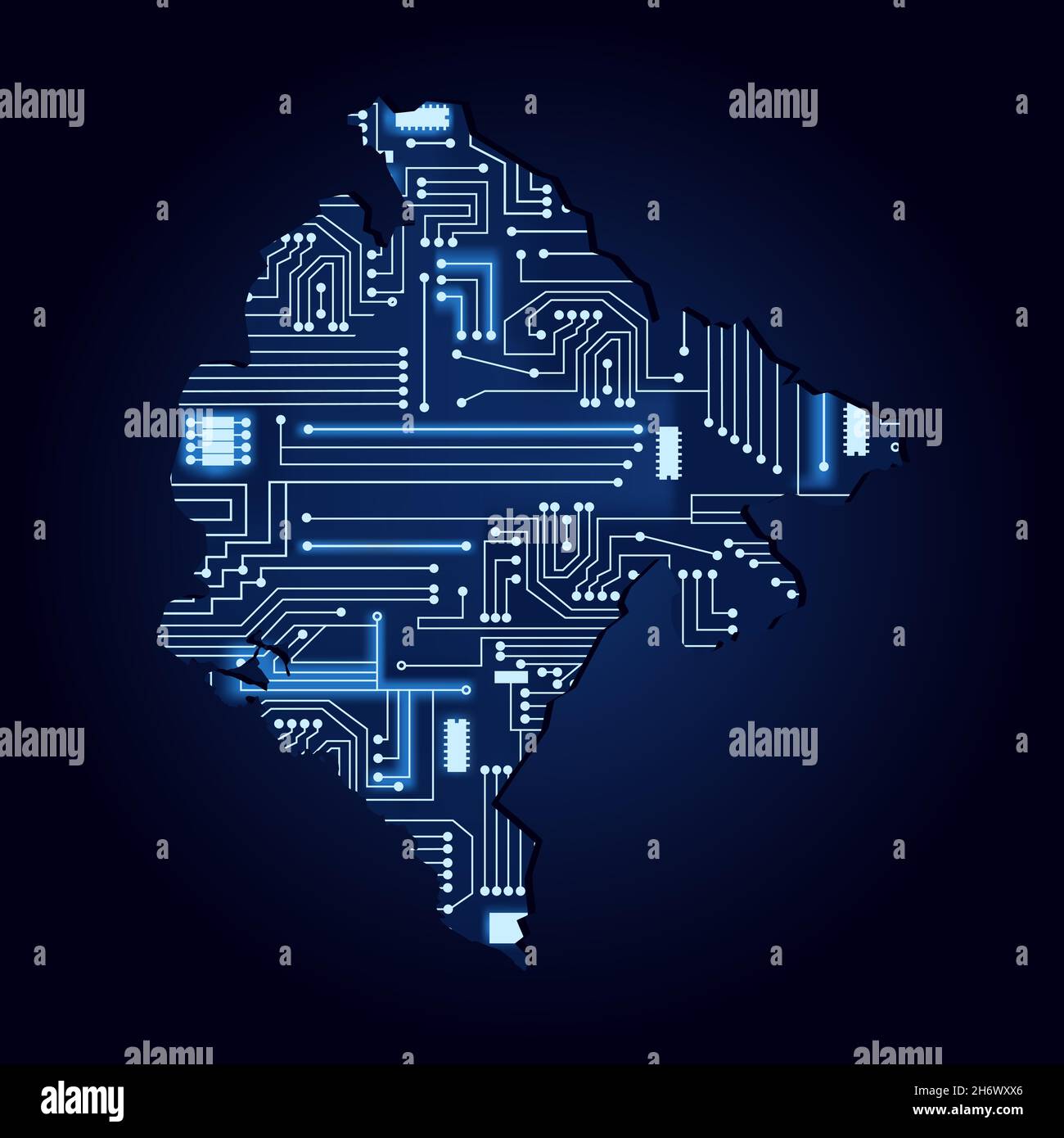 Contour map of Montenegro with a technological electronics circuit ...