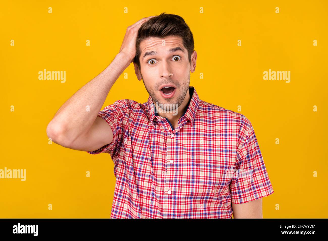 Photo of young guy hand touch head shocked forget memory reaction ...