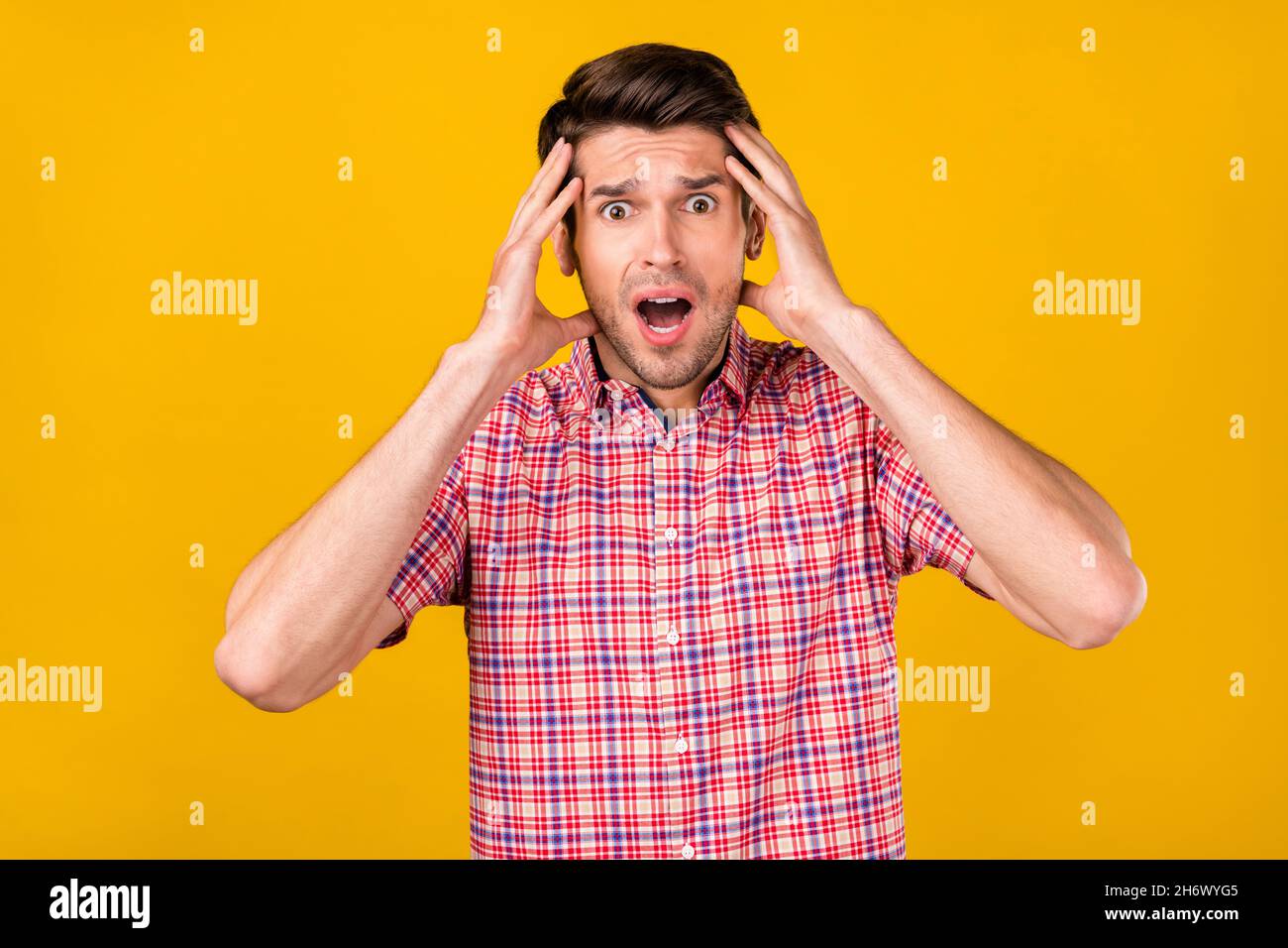 Portrait of attractive worried overwhelmed guy bad news reaction fail ...