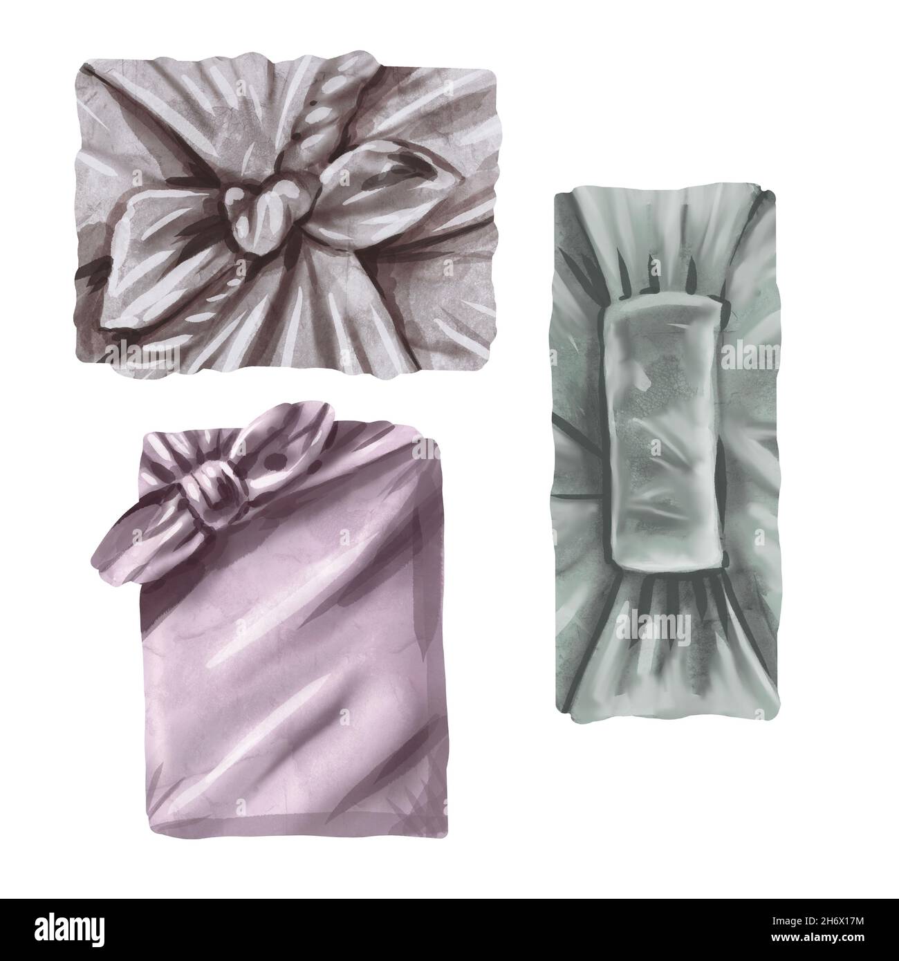 Watercolor set of gift boxes. boxes in packing paper with a bow ...