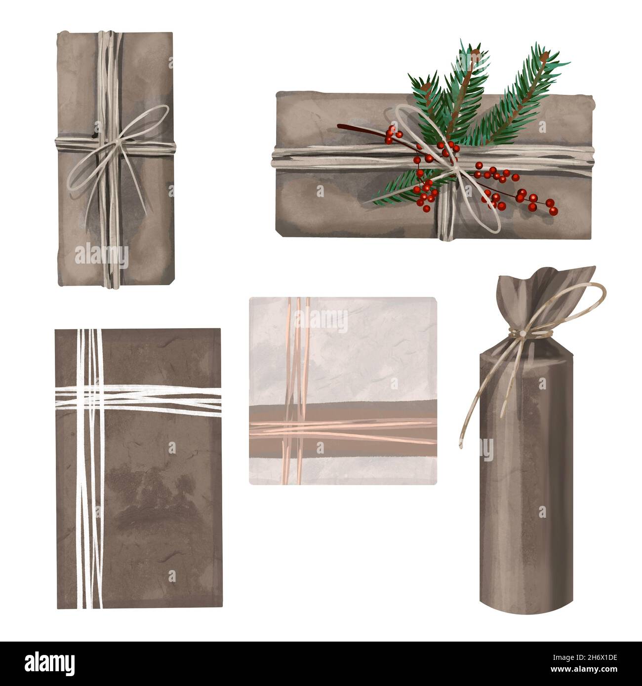 Watercolor set of gift boxes. boxes in packing paper with a bow ...