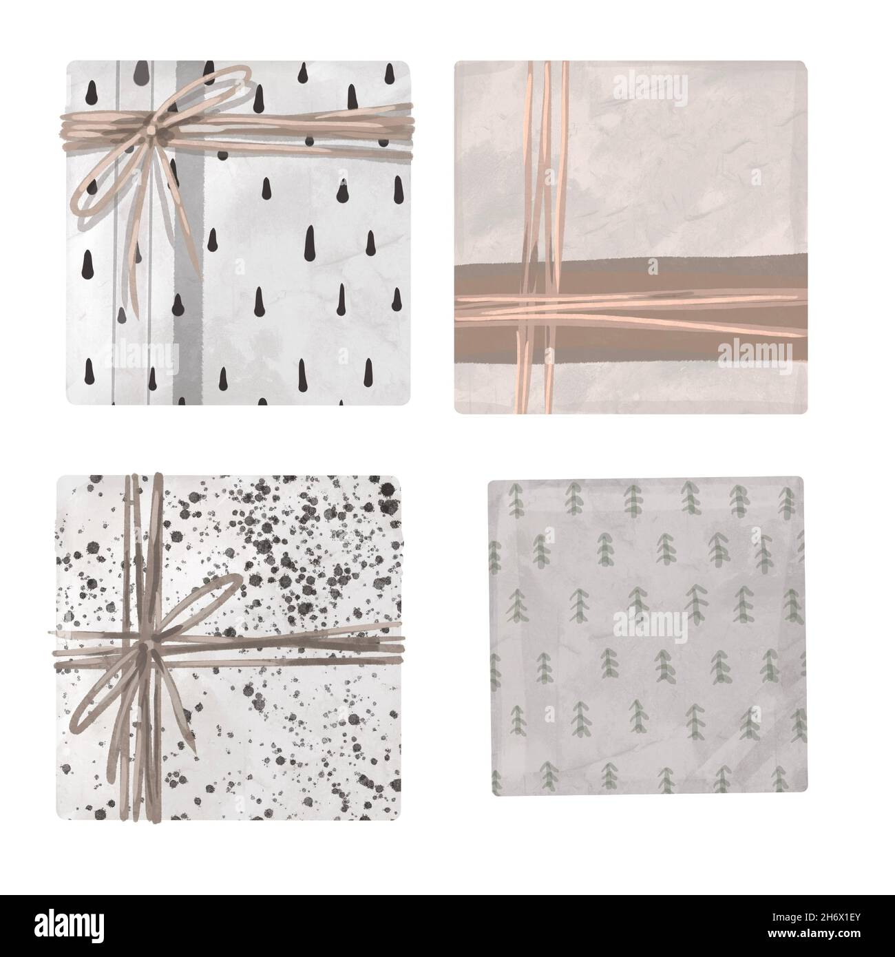 Watercolor set of gift boxes. boxes in packing paper with a bow ...