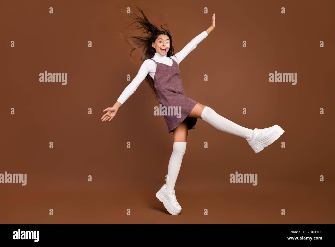 Full body profile side photo of young excited girl have fun wear ...