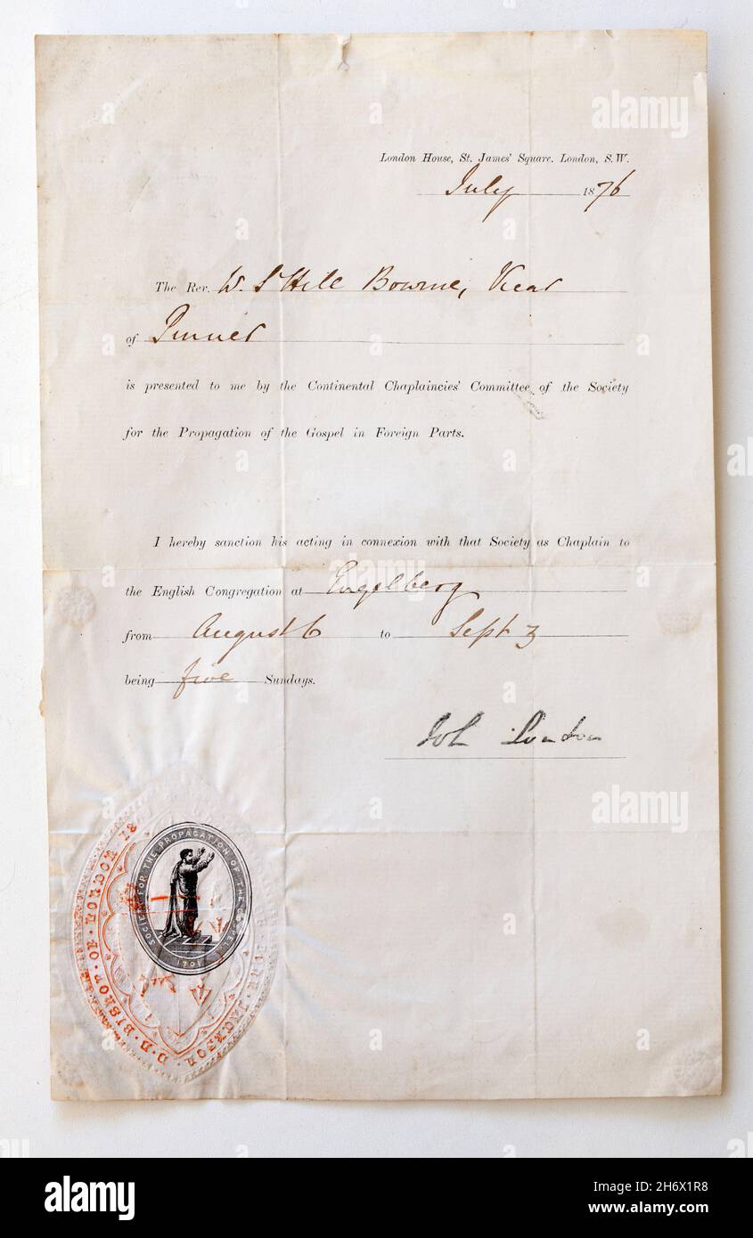 Commendation Letter for Chaplain from the Bishop of London Office Stock ...