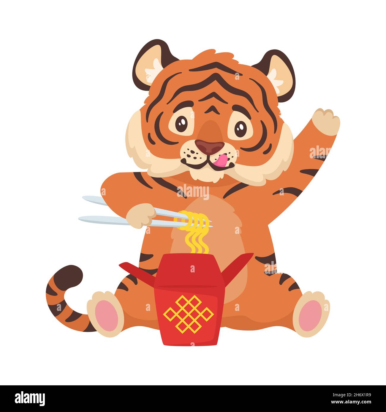 illustration of cute tiger eating Chinese noodles Stock Vector Image ...