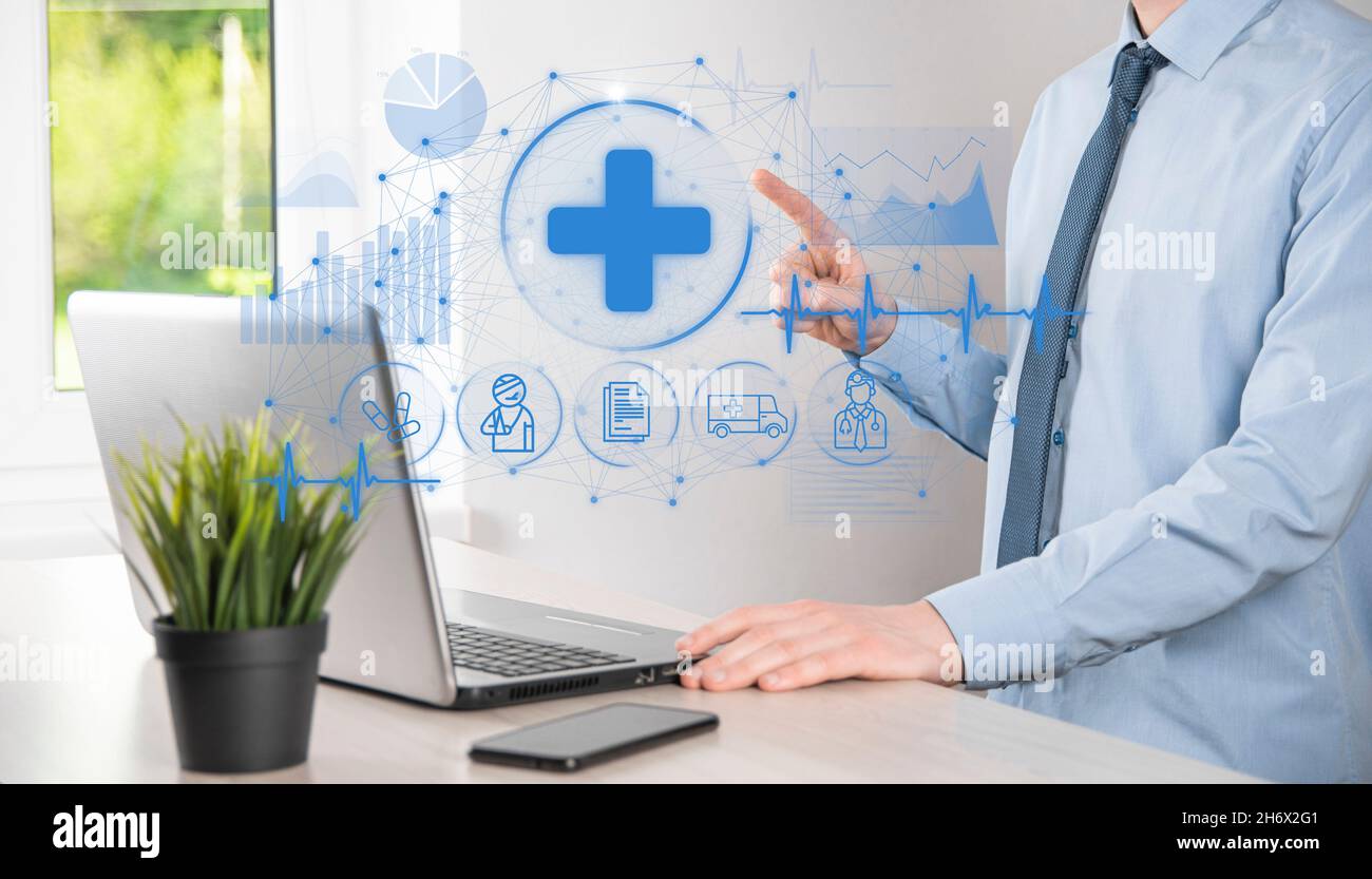 Businessman hold virtual plus medical network connection icons. Covid ...