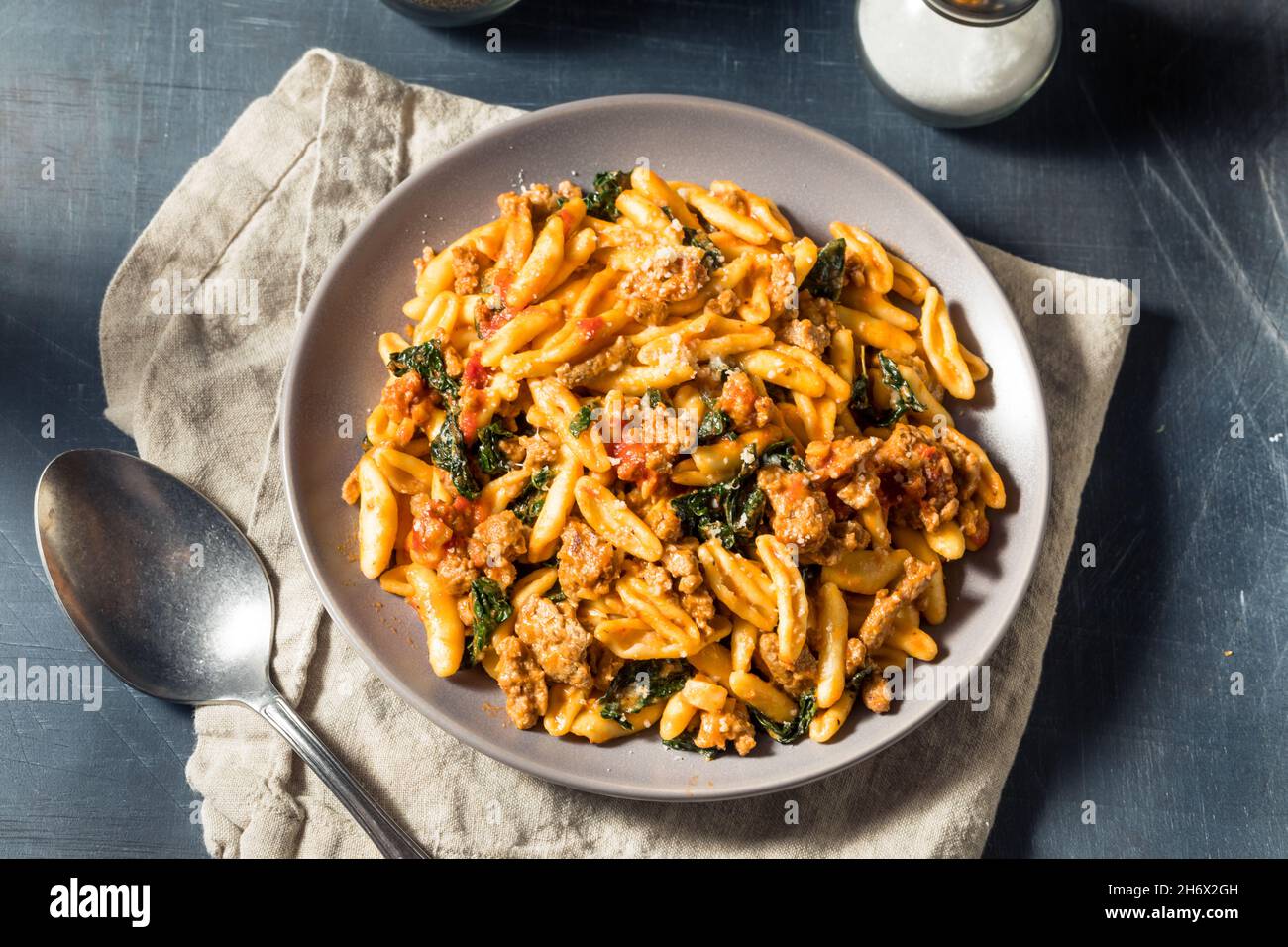 Homemade Cavatelli Pasta Dinner with Sausage and Spinach Stock Photo ...