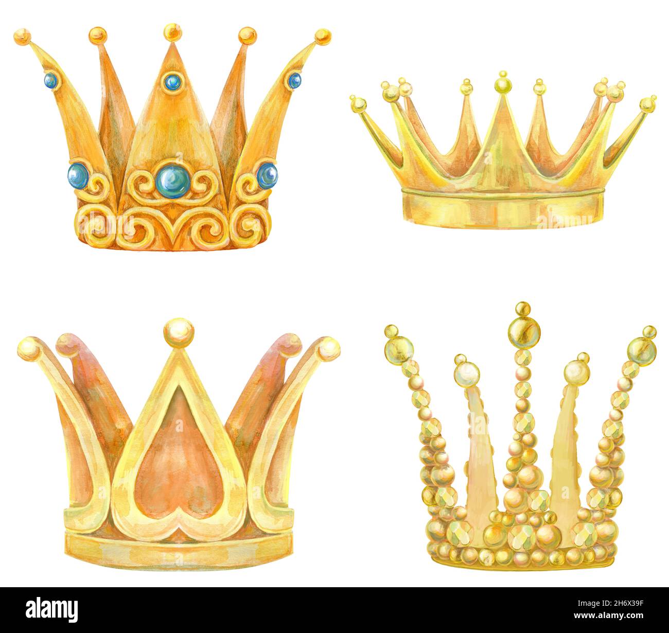 Set of watercolor gold crowns with intertwining decorative elements ...