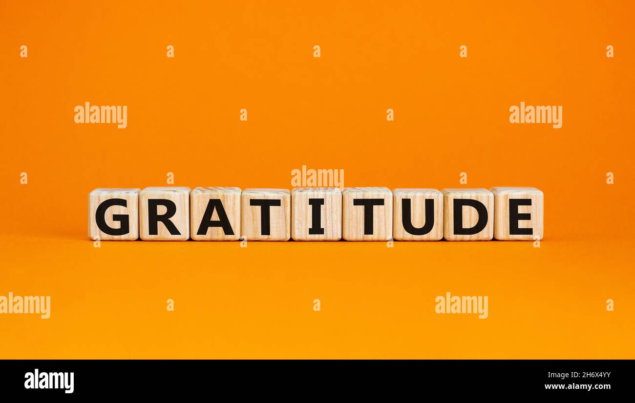 Gratitude symbol. The concept word Gratitude on wooden cubes. Beautiful ...