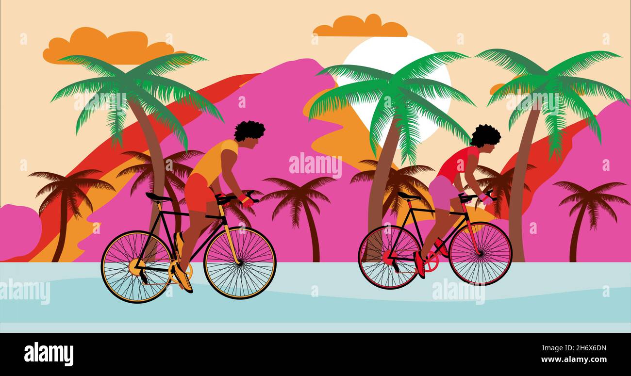 African American man and woman cyclists is riding bicycle on the beach ...