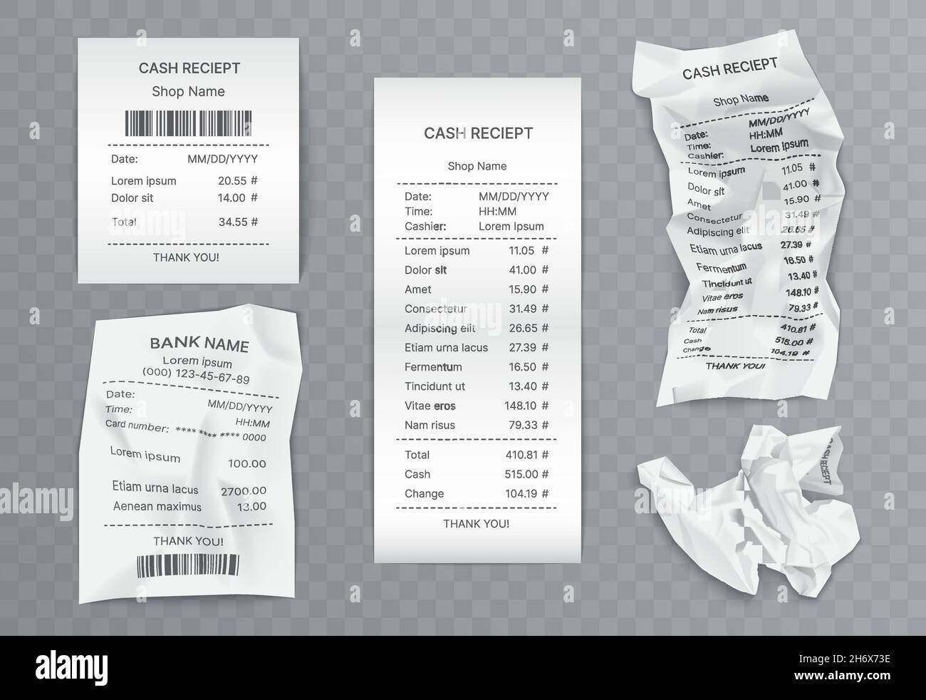 Cash receipt, paper bill set vector illustration. 3d realistic payment check from cashier ...