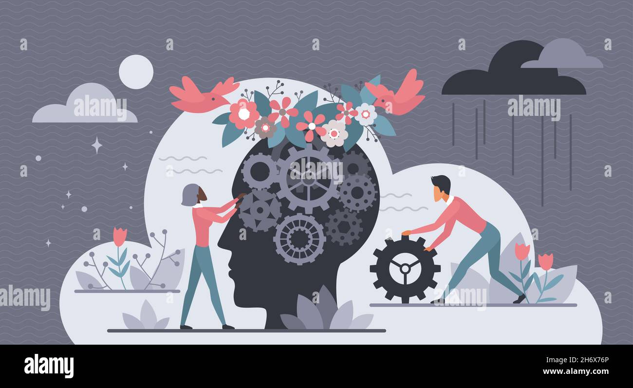 Mental health care vector illustration. Cartoon people and thinking ...