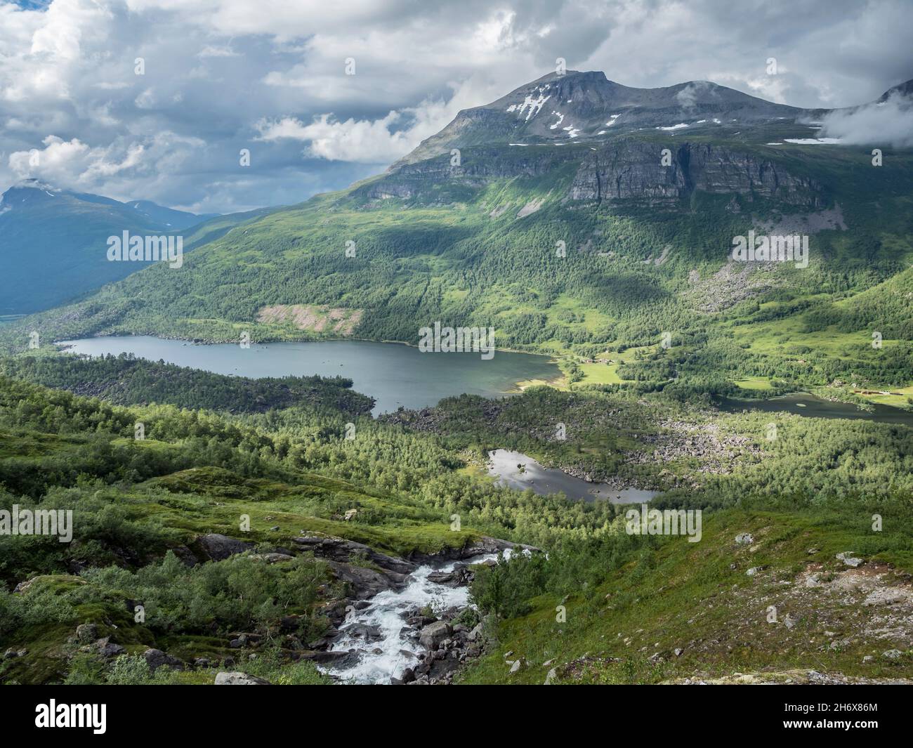 View over valley Innerdalen with lake Innerdalsvatn, Norway Stock Photo ...