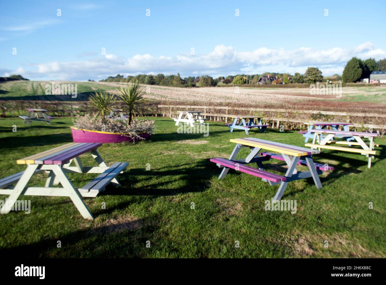 Colourful benches in beer garden behind the Black A Moor Inn, plus ...