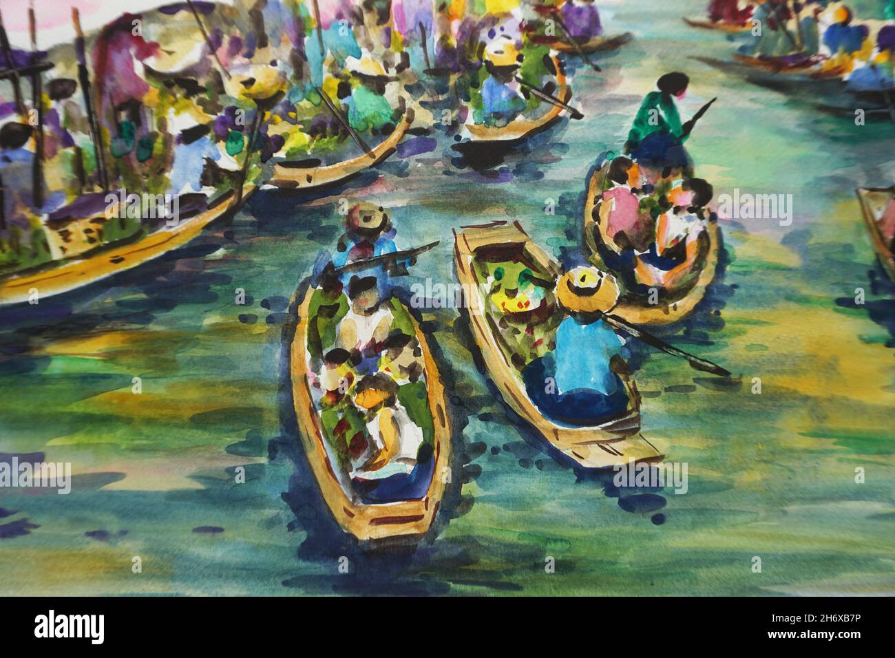 Art painting Watercolor Floating market and temple Thailand Stock Photo ...
