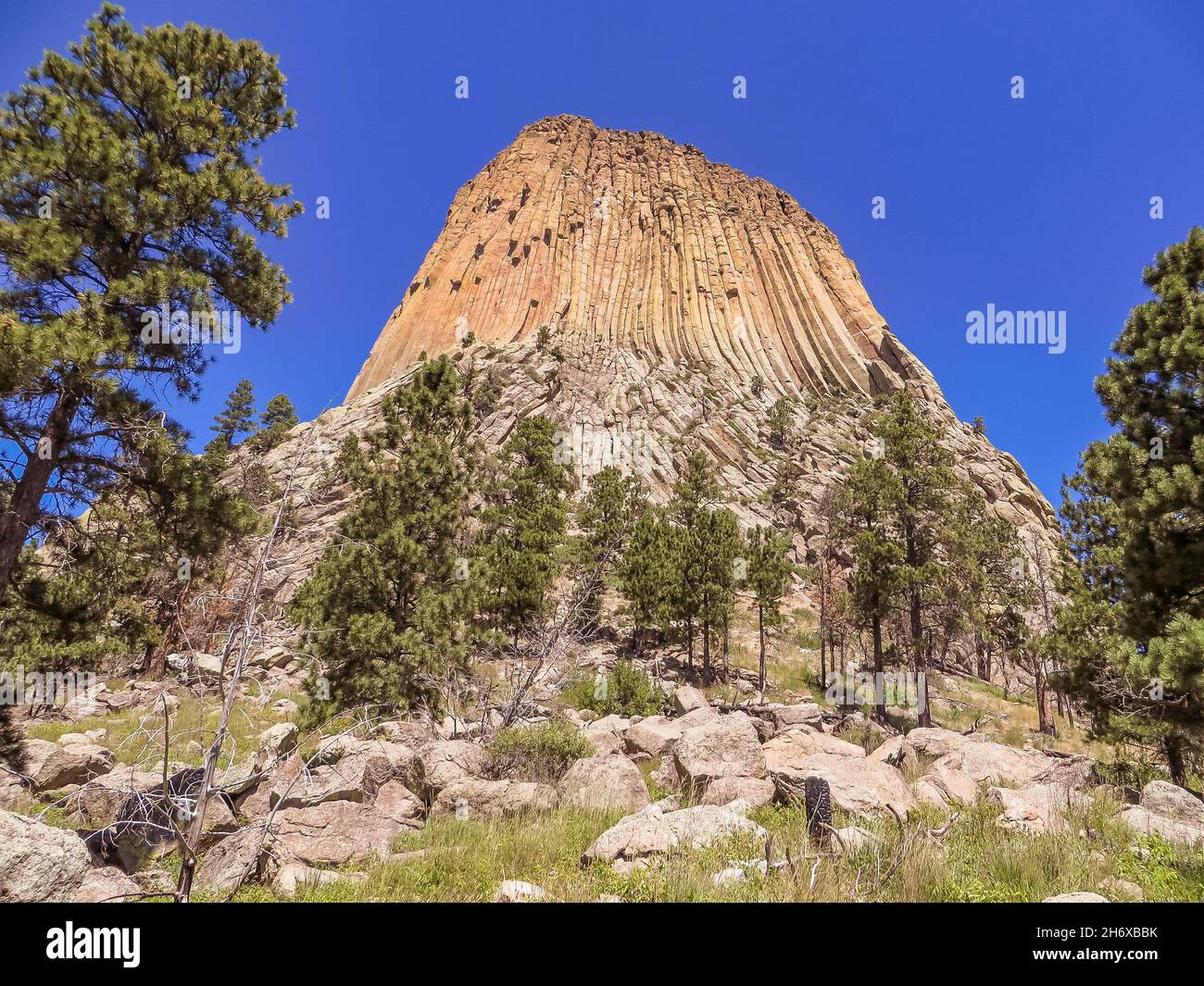 Closeup photo of mysterious Devils Tower in Wyoming, USA Stock Photo ...