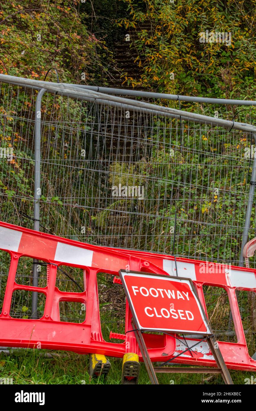 footway closed sign on the isle of wight coastline due to coastal ...