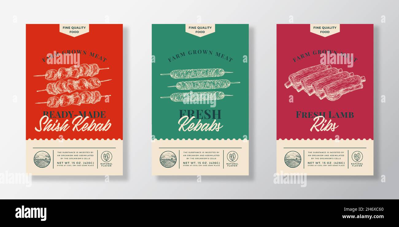 Meat Abstract Vector Packaging Labels Design Set. Modern Typography ...