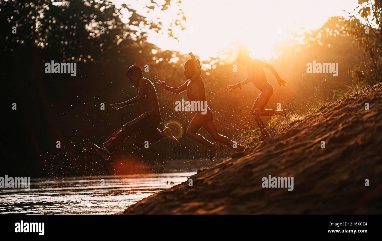 Indigenous boys jumping into Amazon river Stock Photo - Alamy