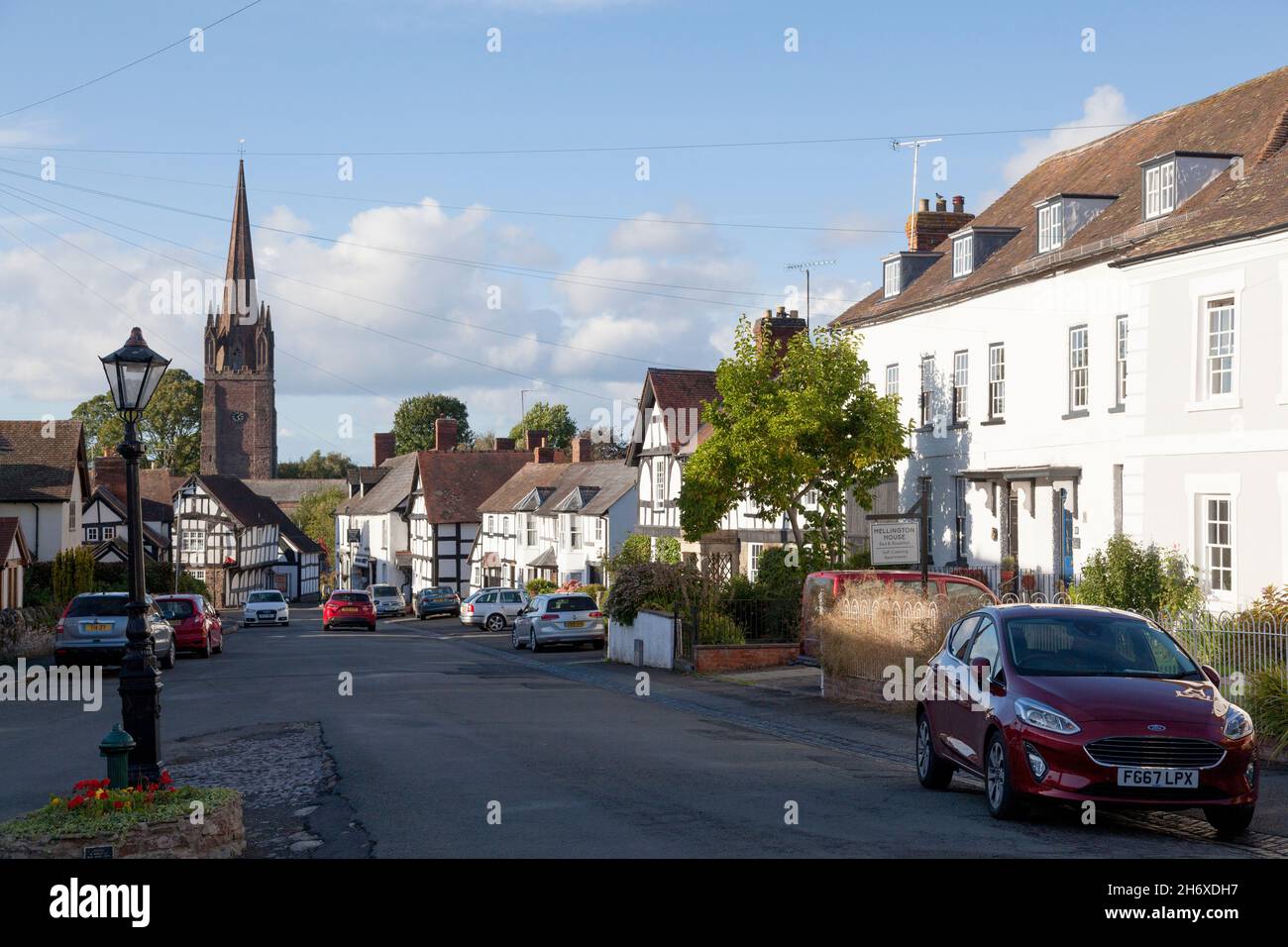 View along Broad Street towards Church of St Peter and St Paul, Weobley ...