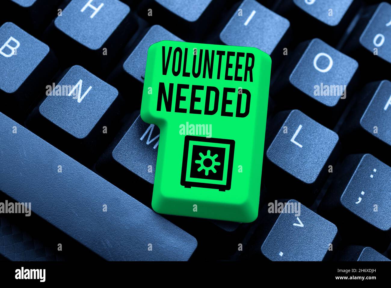 Text caption presenting Volunteer Needed. Word Written on asking person ...