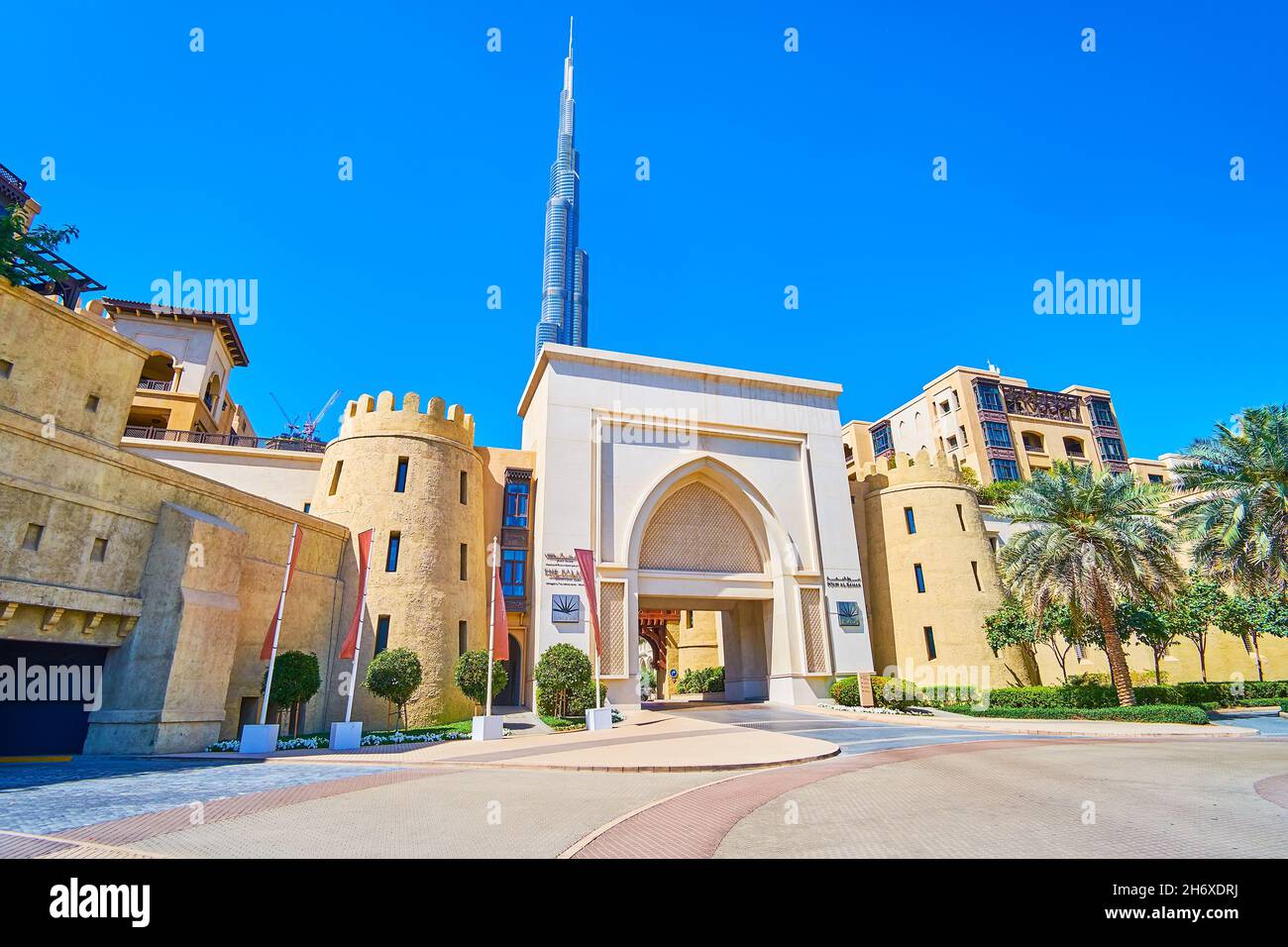 DUBAI, UAE - MARCH 3, 2020: Splendid adobe entrance Gates to Old Town ...