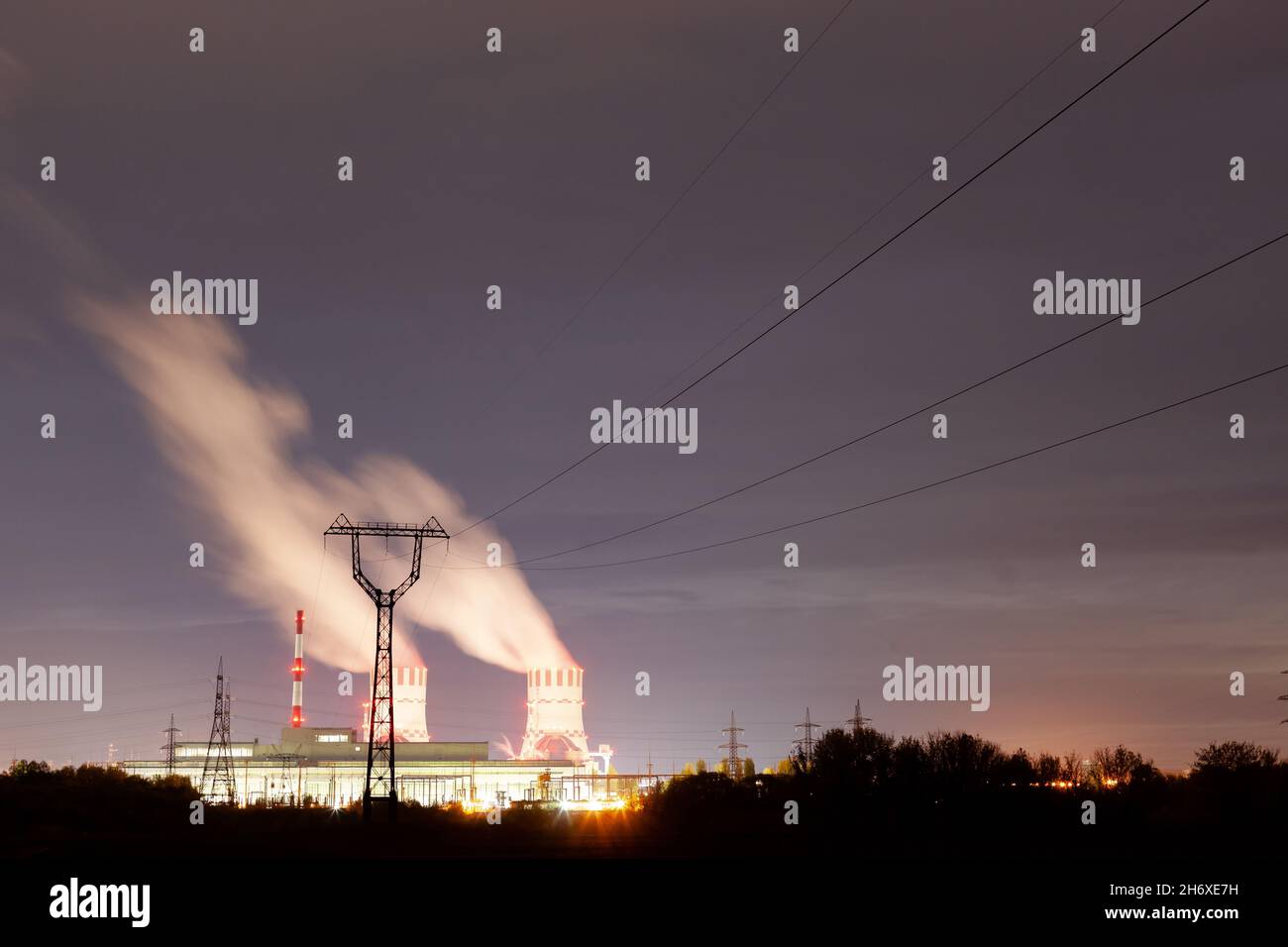 nuclear power plant at night. Air emissions Stock Photo - Alamy